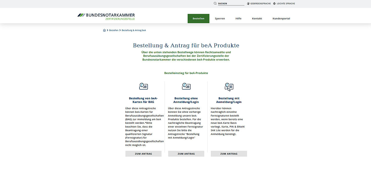 Anleitung zur Bestellung einer beA-Karte | Onlinehilfe der ...
