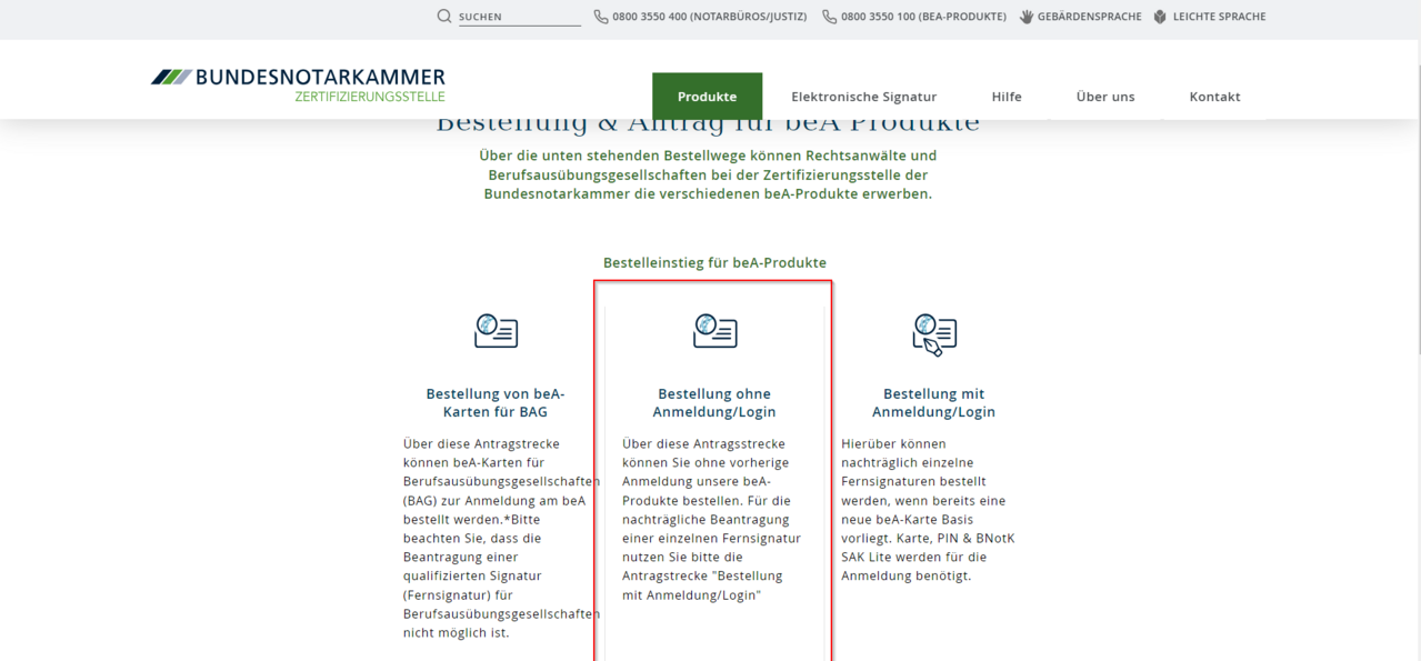 Anleitung zur Bestellung einer beA-Karte | Onlinehilfe der Bundesnotarkammer